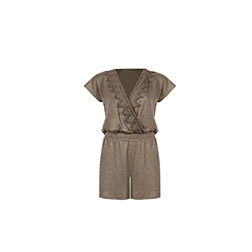 Bravetoshop Women's V Neck Short Sleeve Romper Overalls Summer Casual Loose Shorts Jumpsuit (Khaki,L)