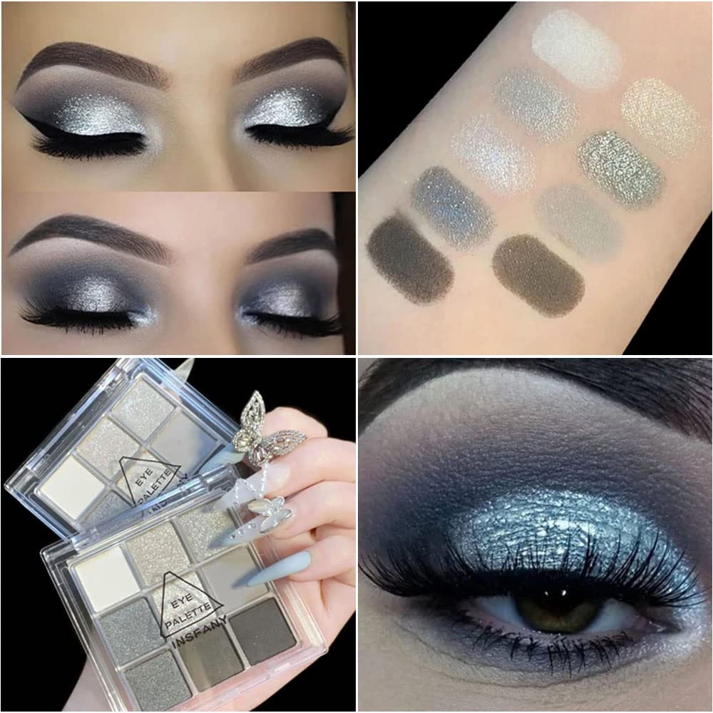 Miniling 9 Colors Smokey Grey Eyeshadow Palette,Highly Pigmented Mattes Shimmers Naked Powder Eyeshadow Palette,Long Lasting Waterproof Eye Shadow Makeup Palette with Eyeshadow Brush (Smoky Set)