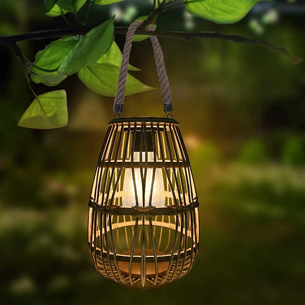 pearlstar Outdoor Solar Lantern Hanging Lights Natural Rattan Solar Lantern with Handle, Waterproof Large Solar Lights Table Lamp for Yard Garden Patio Wedding Home Decoration, Edison Bulb