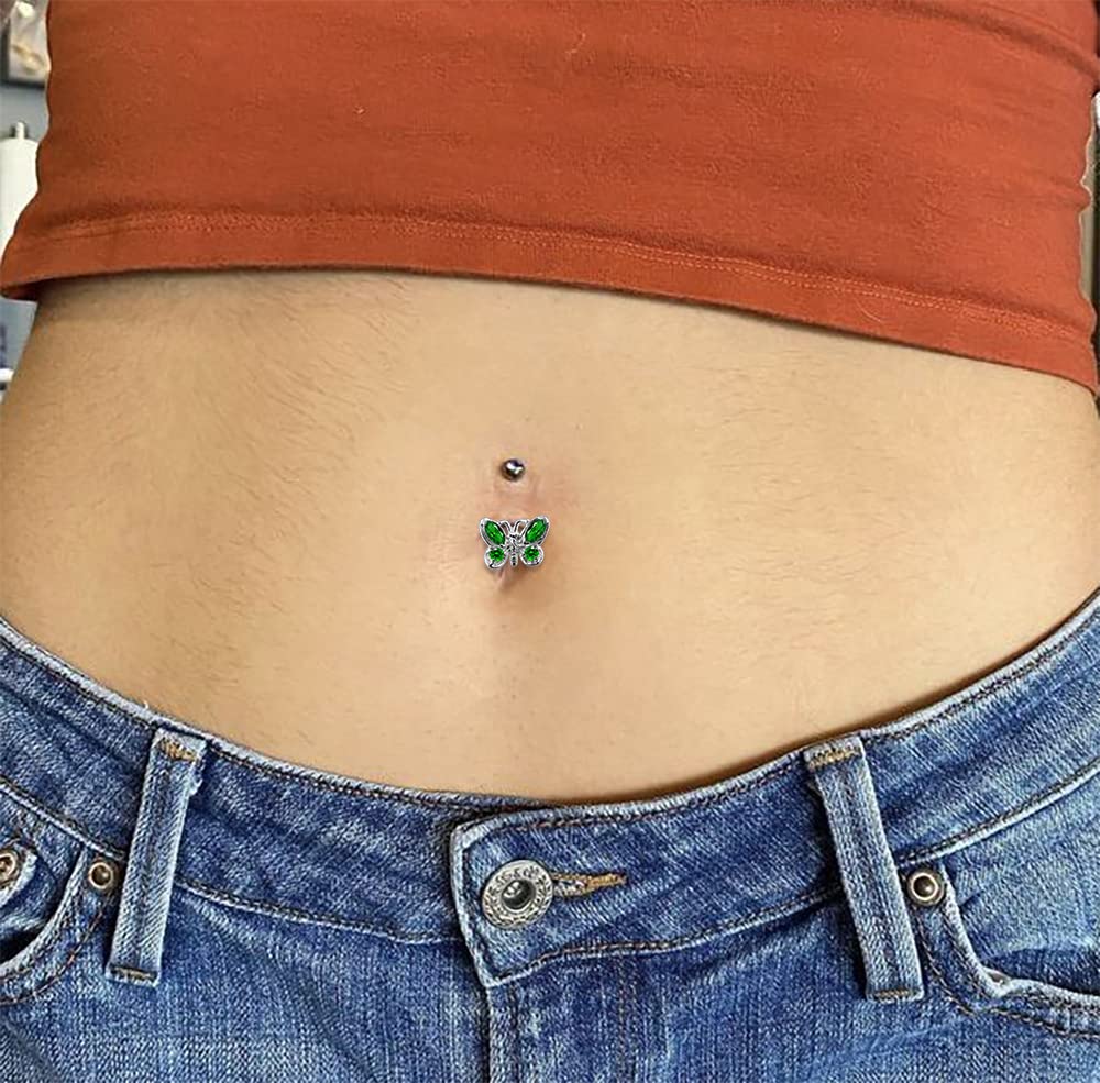 AtoZ Piercing Pink Gemstone Fancy Butterfly 925 Sterling Silver with Stainless Steel Belly Button Rings