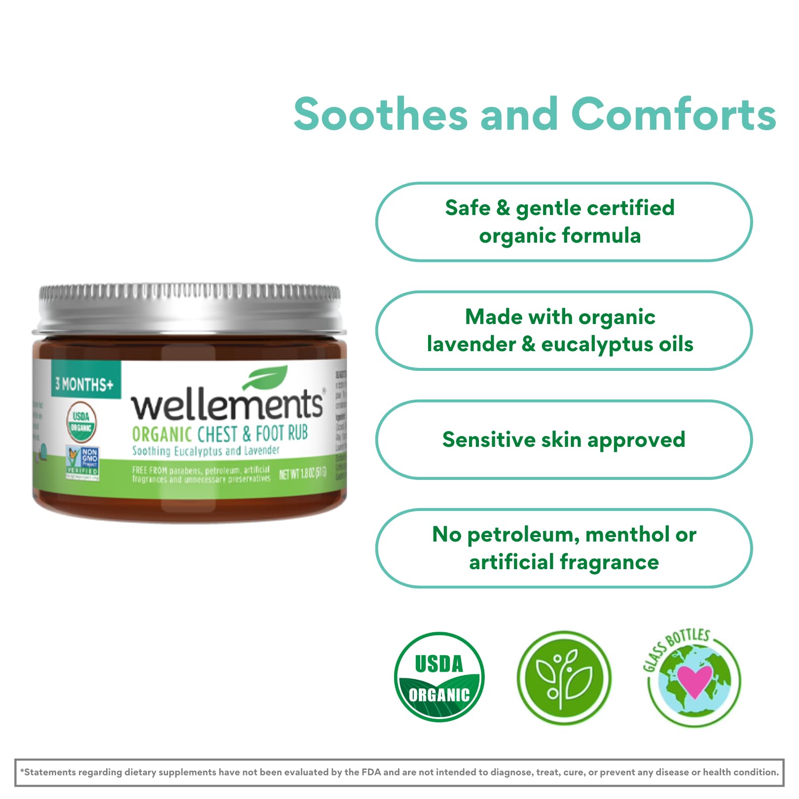 Wellements Organic Baby Chest and Foot Rub | Soothes and Comforts with Eucalyptus and Lavender | Certified Organic | Free From Petroleum, Menthol and Artificial Fragrance | 1.8 Fl Oz. | 3 Months+