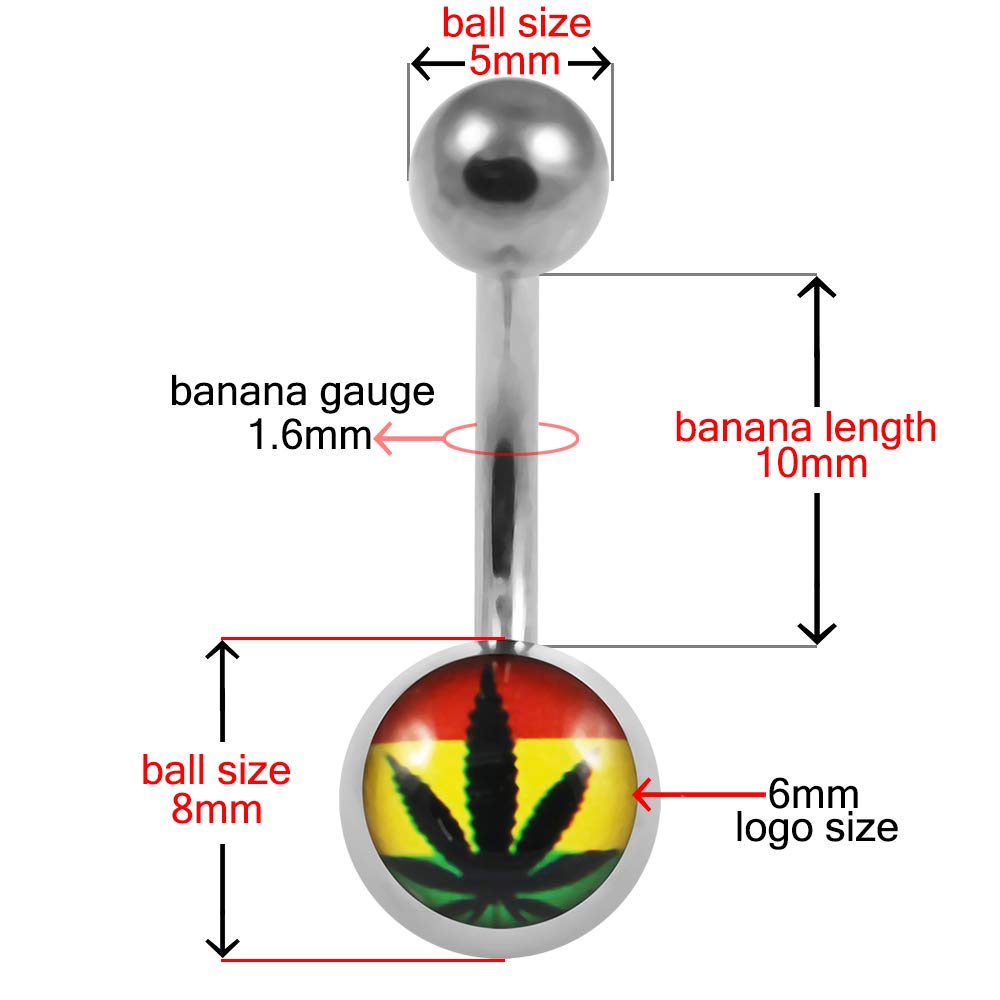 AtoZ Piercing Rasta Marijuana Logo Picture 14 Gauge 316L Surgical Steel Curved Barbell Belly Button Ring