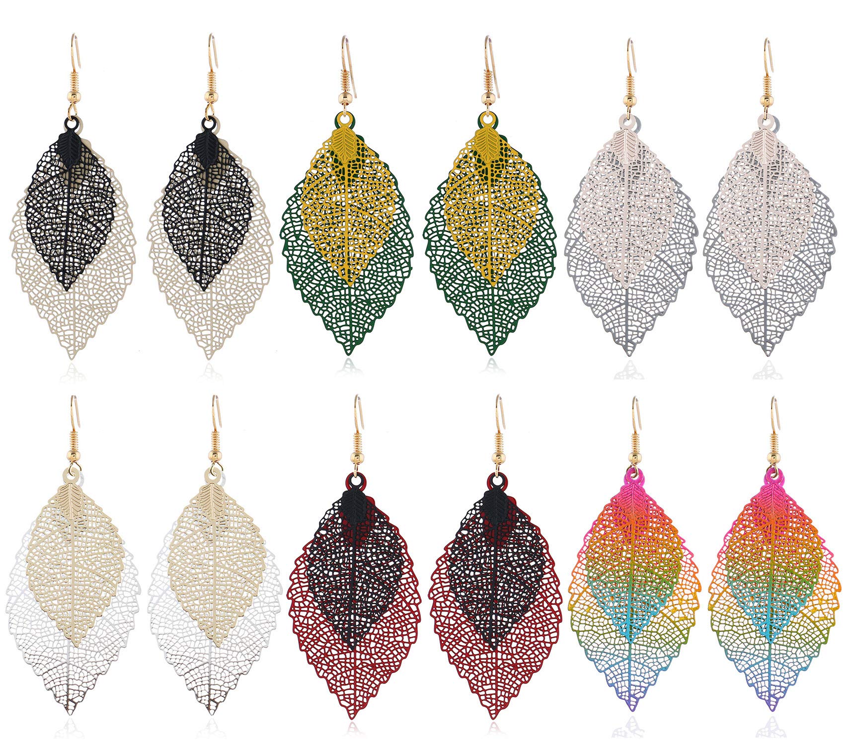 ATIMIGO 6 Pairs Metal Leaf Boho Dangle Earrings Colorful Pendant Drop Hook Statement Earrings Set for Women