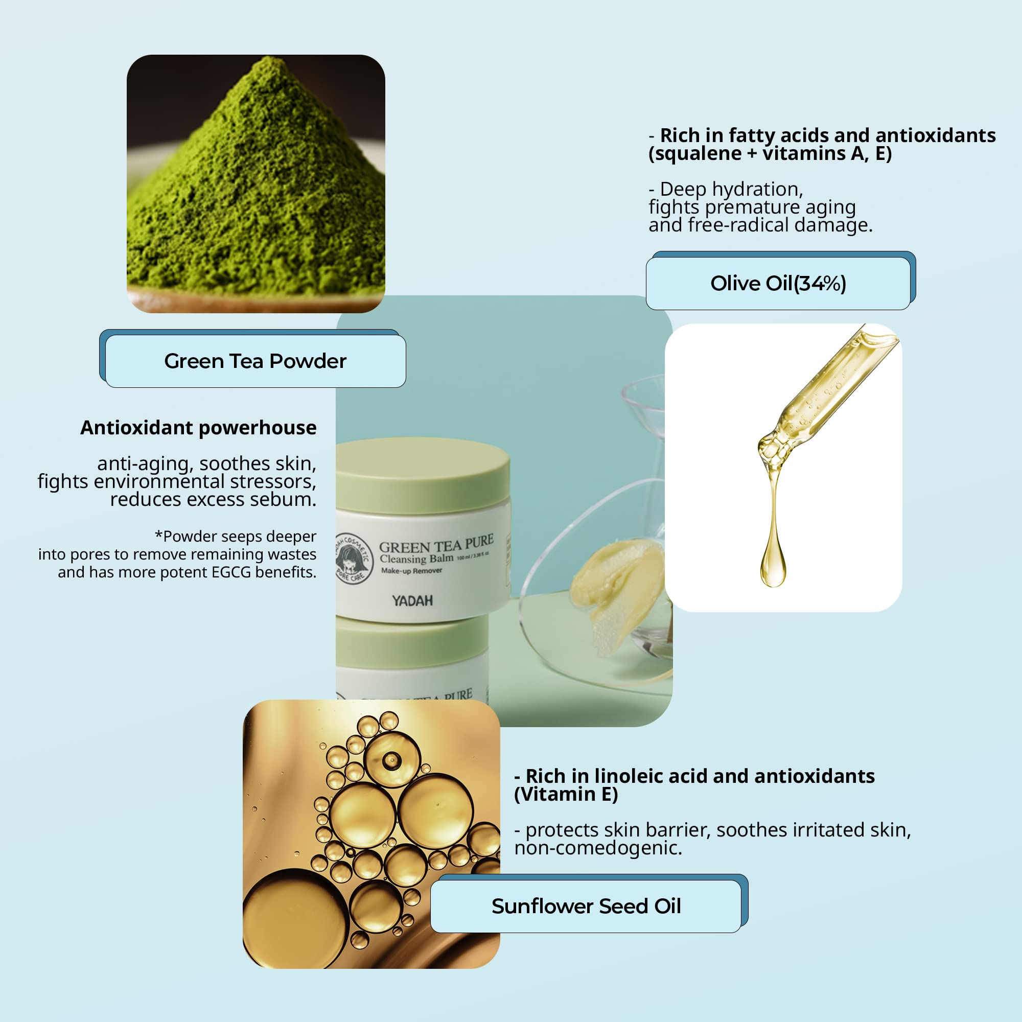 YADAH Green Tea Cleansing Balm (3.38fl oz) - Makeup Remover, Moisturizing, Residue-Free. Korean Skin Care. Vegan, Hypoallergenic.