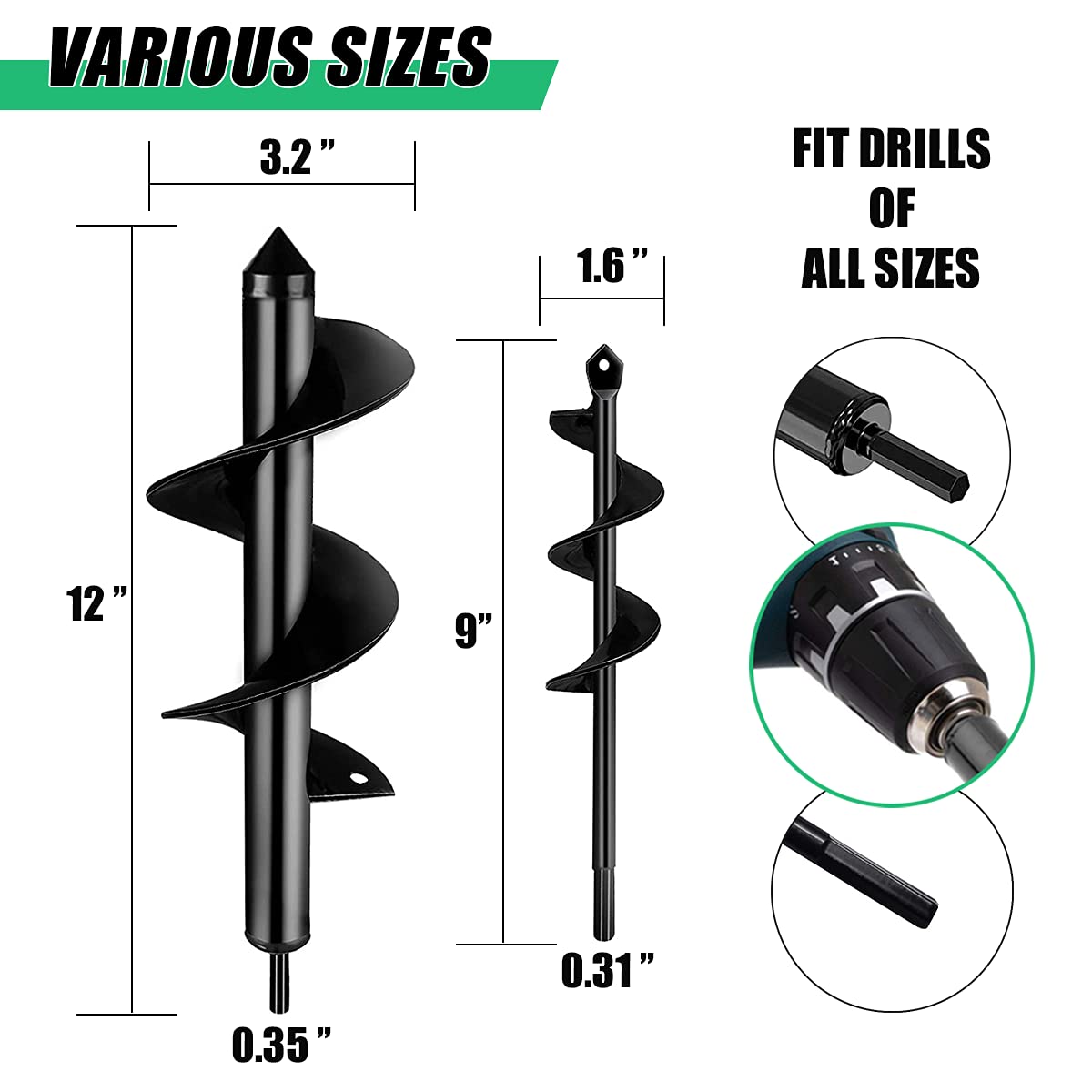 Auger Drill Bit Set(2 PCS 3.2"D x12"L&1.6"D x9"L) Garden Spiral Drill Bit Auger Post Hole Digger for Planting Bulb Flower, Tulips, Iris, Post Umbrella Hole Digger for 3/8” Hex Drive Drill Bulb Planter, Digging Weeds Roots