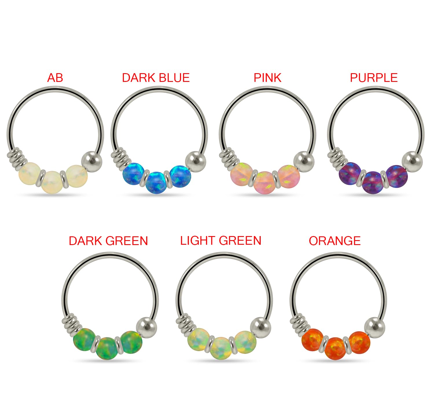 AtoZ Piercing Triple Fire White Opal Ball on 9K Solid White Gold 22 Gauge Hoop Nose Ring Jewelry
