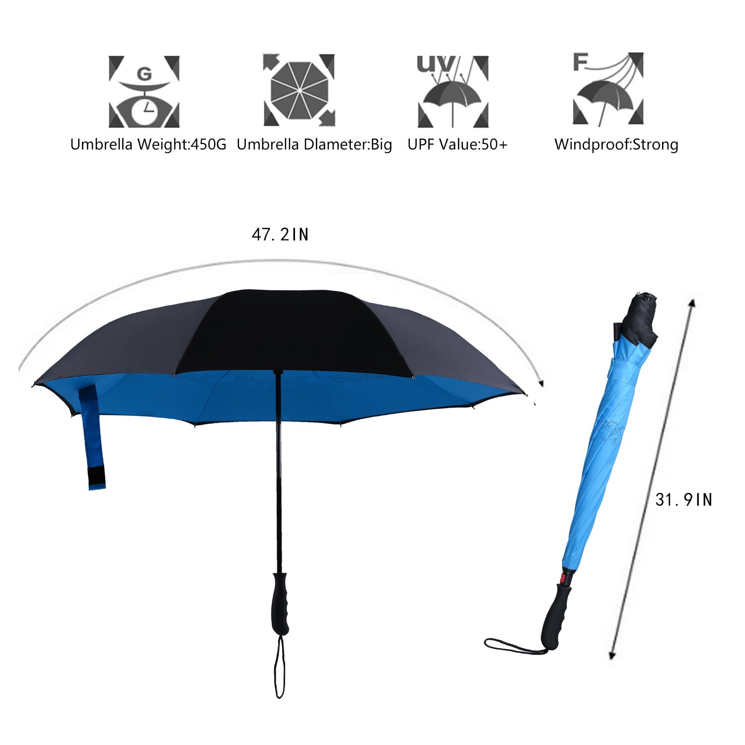 BAGAIL Double Layer Inverted Umbrella Reverse Folding Umbrellas Windproof UV Protection Big Straight Umbrella for Car Rain Outdoor with C-Shaped Handle (Blue)