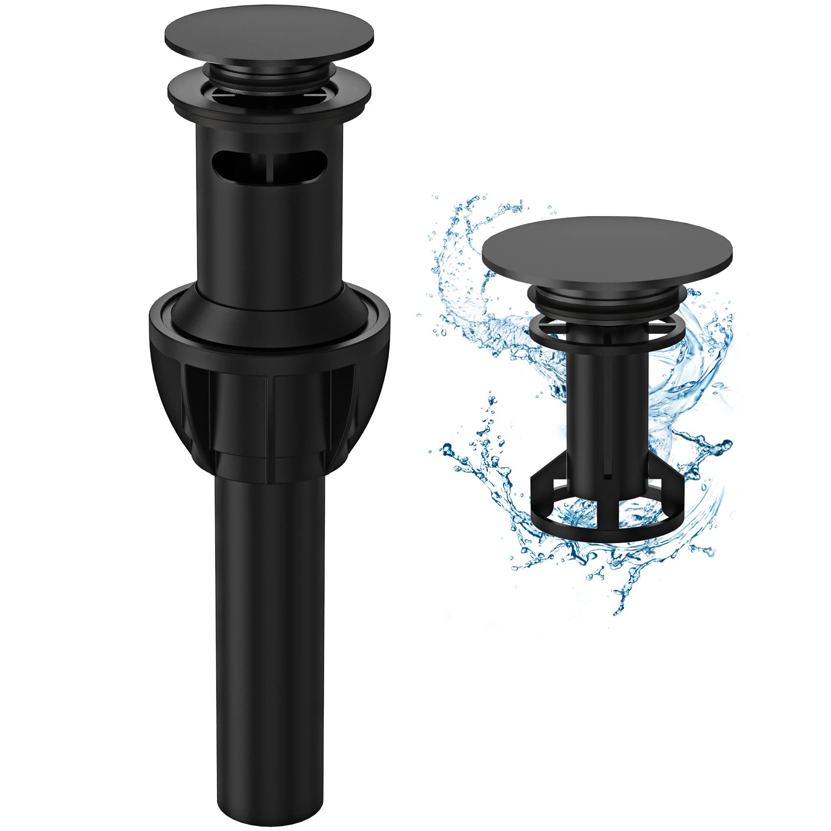 Bathroom Sink Drain with Overflow and Strainer, Bathroom Sink Stopper, Pop up Drain Stopper for Bathroom Sink, Black Sink Drain, Pop up Sink Drain Stopper (Black with Overflow)