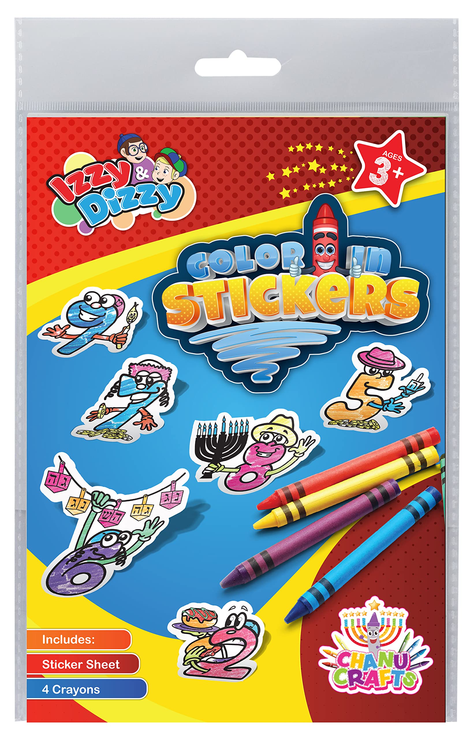 Izzy 'n' Dizzy Hanukkah Color-in Stickers Art Kit - Includes 8" x 6" board and 4 Crayons - Chanukah Arts and Crafts - Gifts and Games