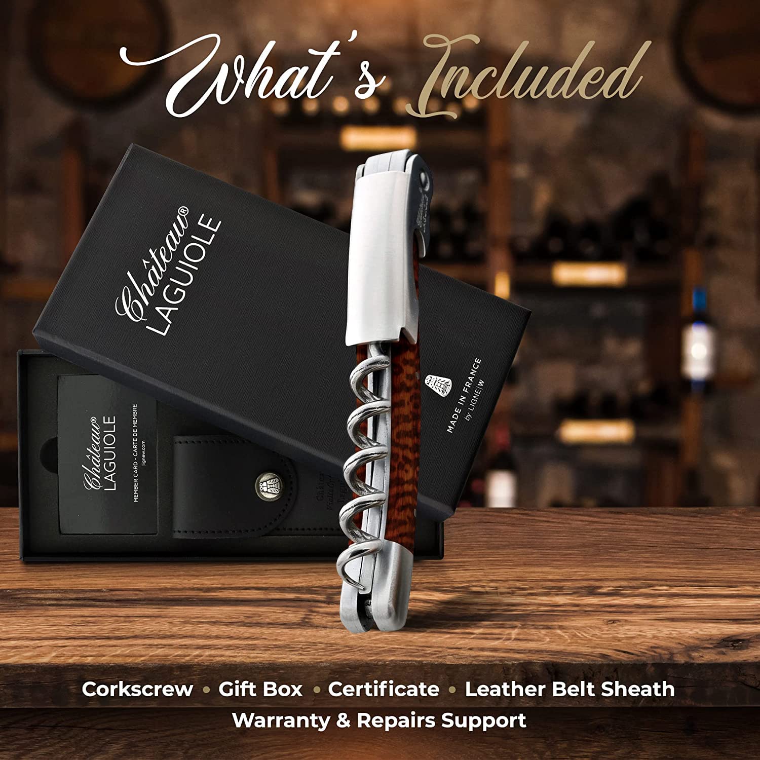 Chateau Laguiole Classic LaGuiole Corkscrew - Snake Wood Luxury Laguiole Wine Opener - Laguiole Wine Key Made in France - Wine Sommelier Wood Handle Wine Corkscrew Includes Leather Sheath & Gift Box