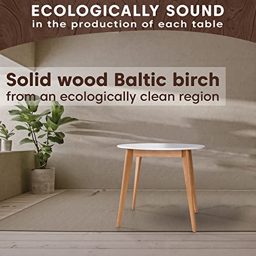 DAIVA CASA Orion Round Table for 3 Person - Birch Solid Wood Kitchen & Dining Room Furniture - Mid Century Modern Scandinavian Style β White Brown Table 35 inch
