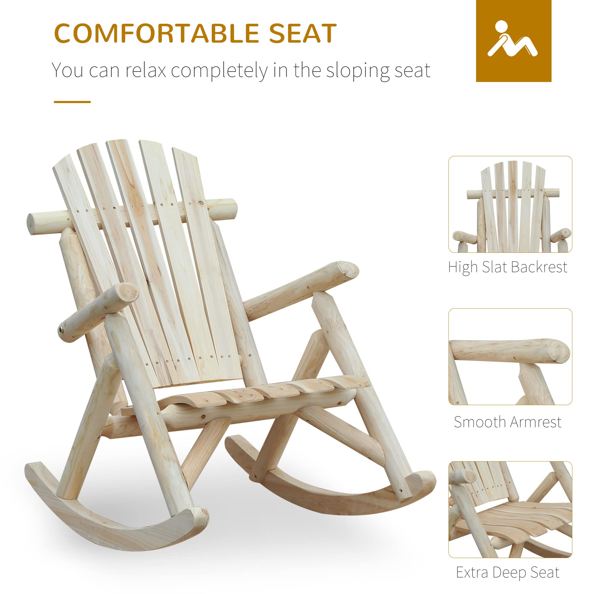 Outsunny Outdoor Wooden Rocking Chair, Single-Person Adirondack Rocking Patio Chair with Rustic High Back, Slatted Seat and Backrest for Indoor, Backyard, Garden, Carbonized