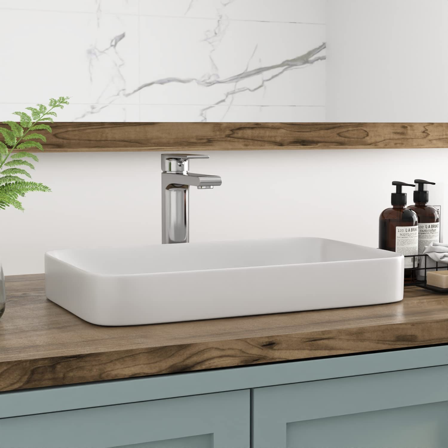 Bathroom Vessel Sink, DeerValley 19'' x 12'' Semi Recessed Bathroom Sink Rectangular White Ceramic Vessel Sinks for Bathroom Modern Bath Sink Bowl Vanity Sink Above Counter Basin DV-1V0047