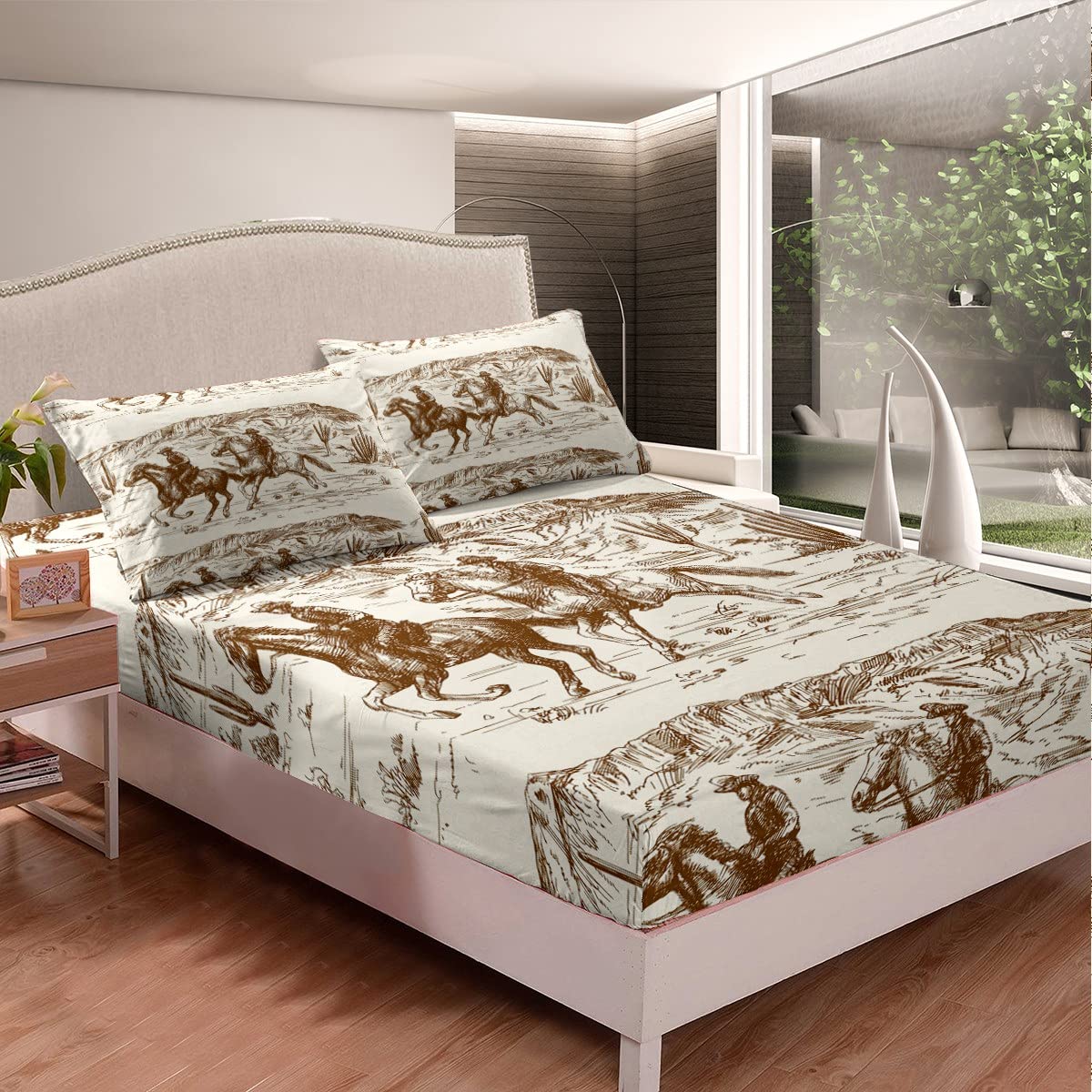 Erosebridal Western Bed Sheets Queen Size Cowboy Sheet Set American Wild West Desert Hand Drawn Illustration Fitted Sheet Country Theme Bedroom Decor Bedding Set for Boys Men Teens