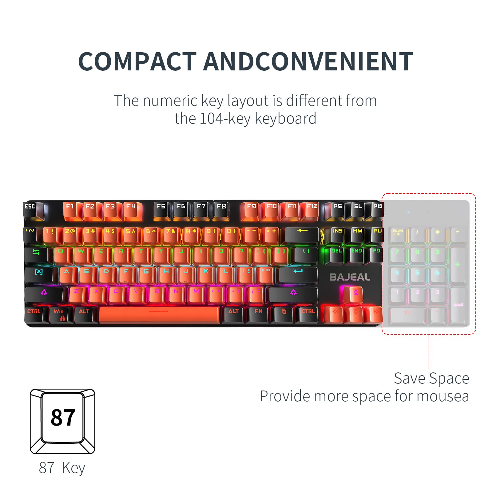 BAJEAL Wired Gaming Mechanical Keyboard RGB Backlit Teclado Hot Swappable with Blue Switches for Gaming PC Compact 87 Keys (Orange and Black)