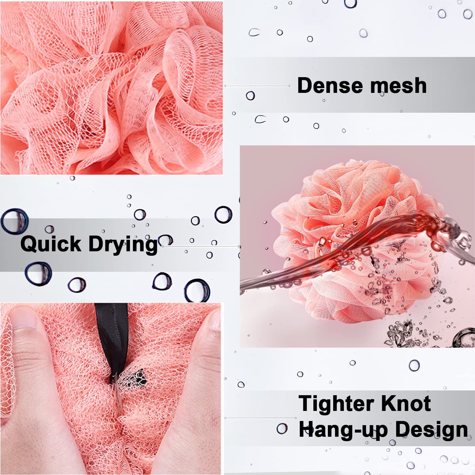 Bath Sponge with Hook, 4 Pack Shower Loofah Soft Mesh Shower Puff Body Wash Loofah Sponge Exfoliating Scrubber, Beauty Bathing Accessories