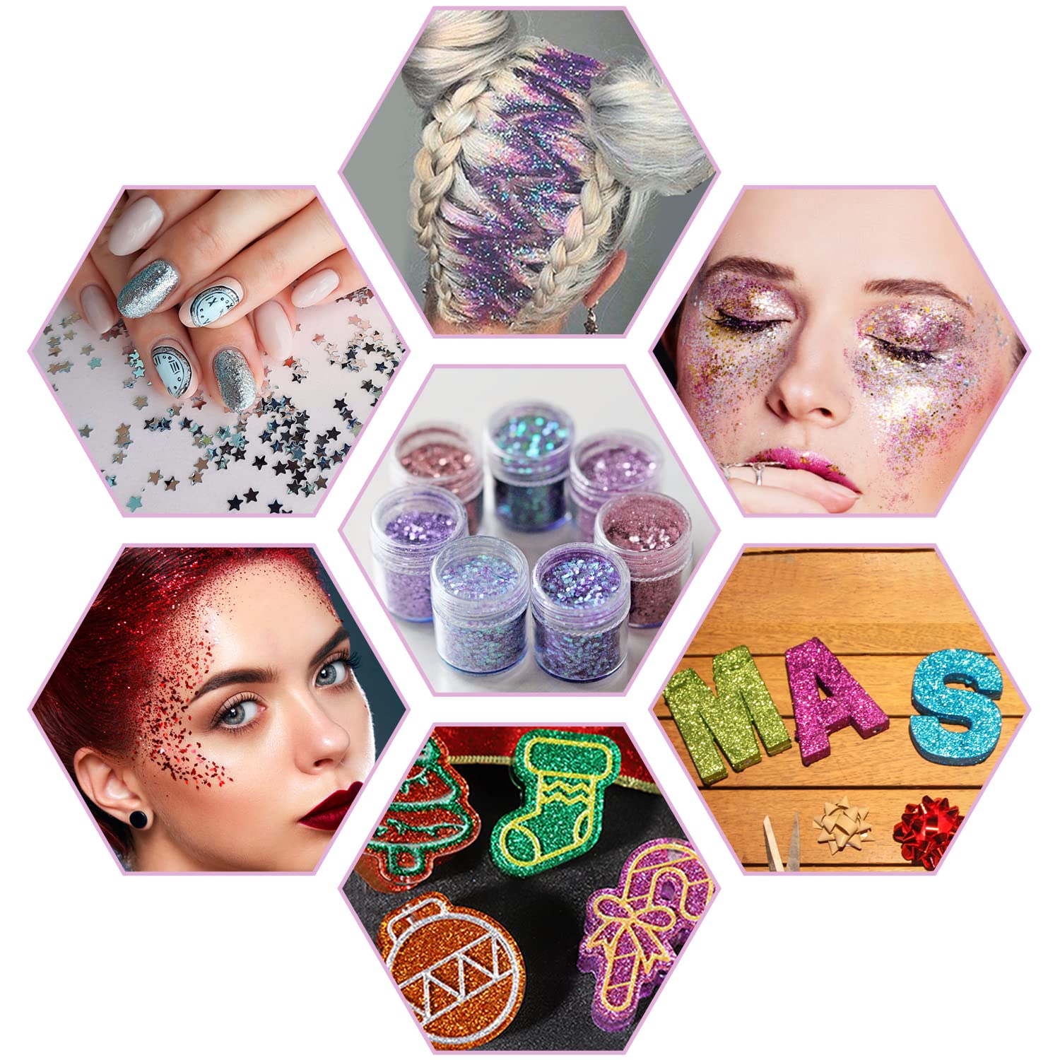 Body Glitter+Gel Kit,JASSINS Holographic Face Glitter,7 Style Fine Glitter for Art Nail,Hair, Eye,Eyeshadow Makeup.(Color-1)