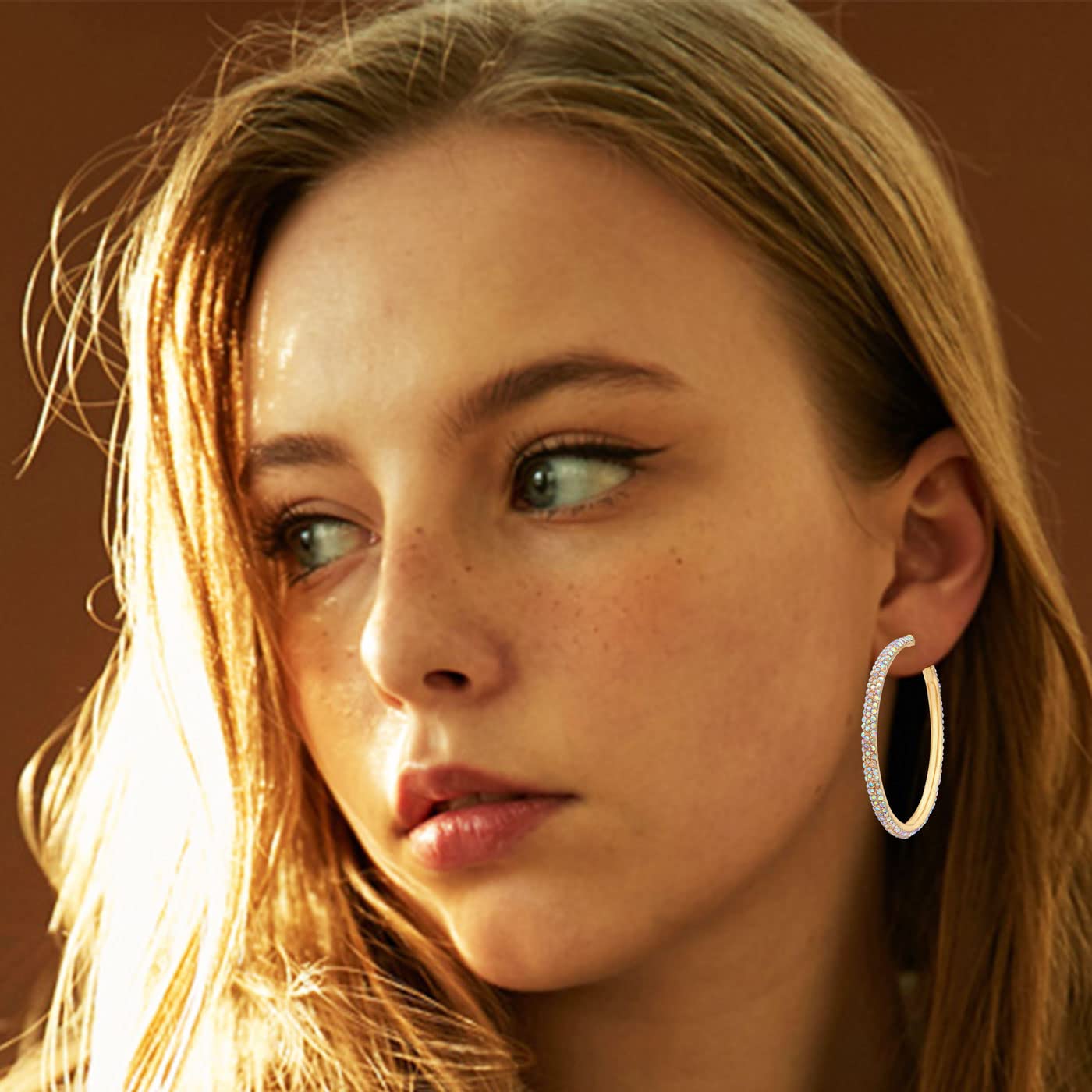 Big Hoop Earrings AB Crystal for Women - PeriFairy Round Iridescent Dangle Drop Gold Pierced Prom Jewelry