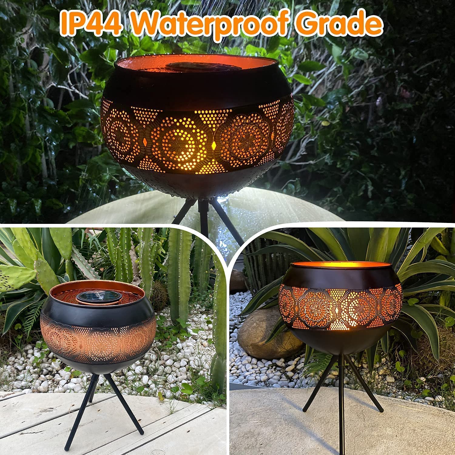 Larekook Outdoor Lantern Flickering Flame Light Solar Floor Lamp Waterproof Retro Lantern Metal Brazier Light Decor for Yard Patio Garden (Auto On/Off)