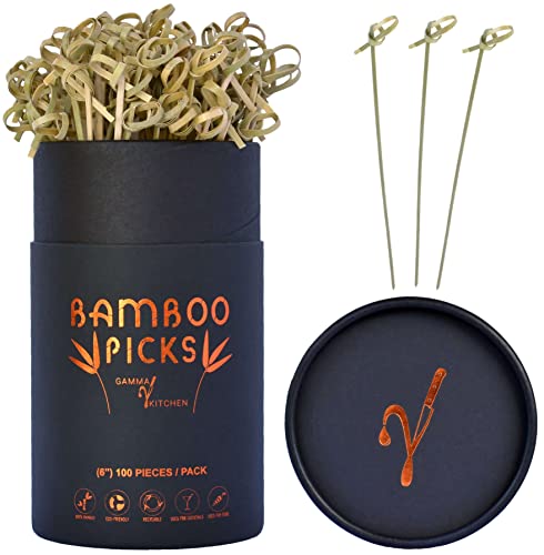 Cocktail Picks - Bamboo Skewers - Long Toothpicks for Appetizers - Eco Friendly Skewer Sticks - Fancy for Martini Drinks & Food Appetizer - Charcuterie Accessories - 6 inch Wooden Knot Pick 100 pcs