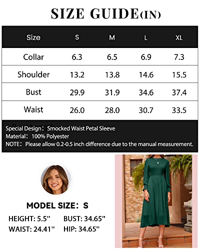 dowerme Women Casual Petal Long Sleeve Crewneck Smocked A-Line Flowy Solid Maxi Dress Fall Winter Party Cocktail Dresses(Solid Dark Green,Small)