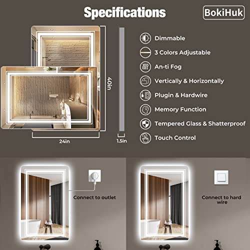 BokiHuk Led Bathroom Mirror with Lights, 40x24 inch Wall Mounted Lighted Vanity Mirror, Makeup Mirror Dimmable Anti-Fog with 3 Colors Light, Waterproof (Backlit & Front-Lighted)