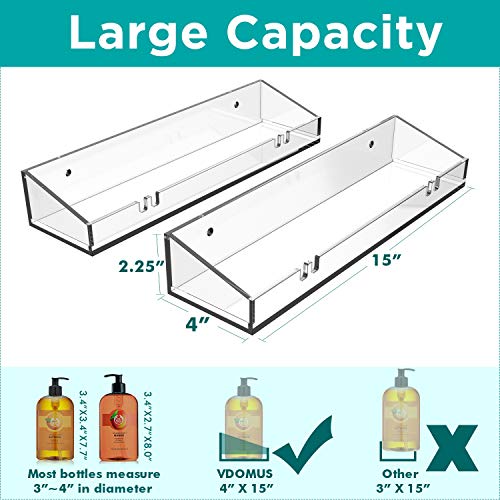 Vdomus Acrylic Bathroom Shelves 2-Pack, Wall Mounted Shower Shelve No Drilling Adhesive Thick Clear Storage & Display Shelves, Bathroom or Bedroom Organization (Upgraded)