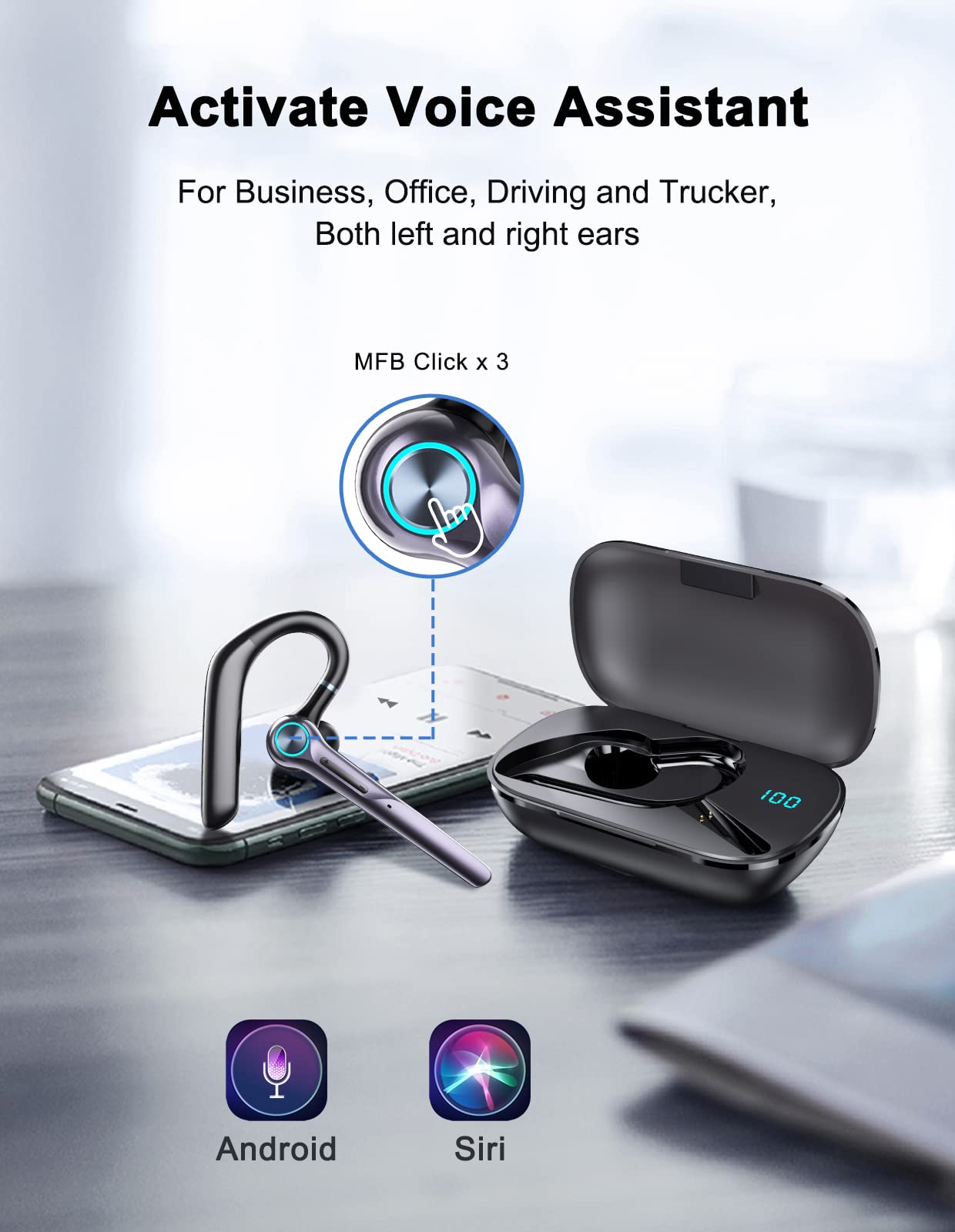 Bluetooth Headset, Wireless Bluetooth Earpiece with Dual MIC, Trucker Bluetooth Headset 50Hrs Playtime Built-in Noise Cancelling Mic, Wireless in-Ear Headphones for Driving, Office, Business