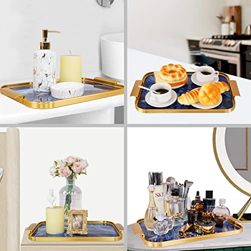Dalimfun Glass Decorative Tray, Blue Marbling Serving Tray with Handles, Rectangular Coffee Table Tray, Decor Tray for Ottoman, Bar, Vanty, Makeup Perfume Organizer, 15.6 X 10 Inch