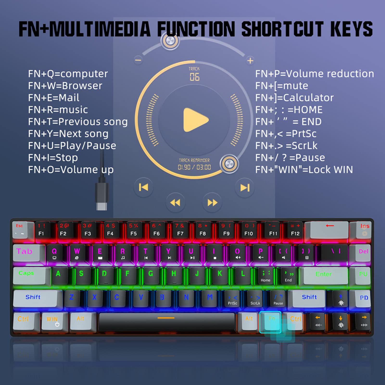 Horoper Computer Mechanical Keyboard, Mechanical Keyboard 68‑Key Red Shaft Green Shaft Dual Color RGB Backlit Gaming Mechanical Keypad (Gray)