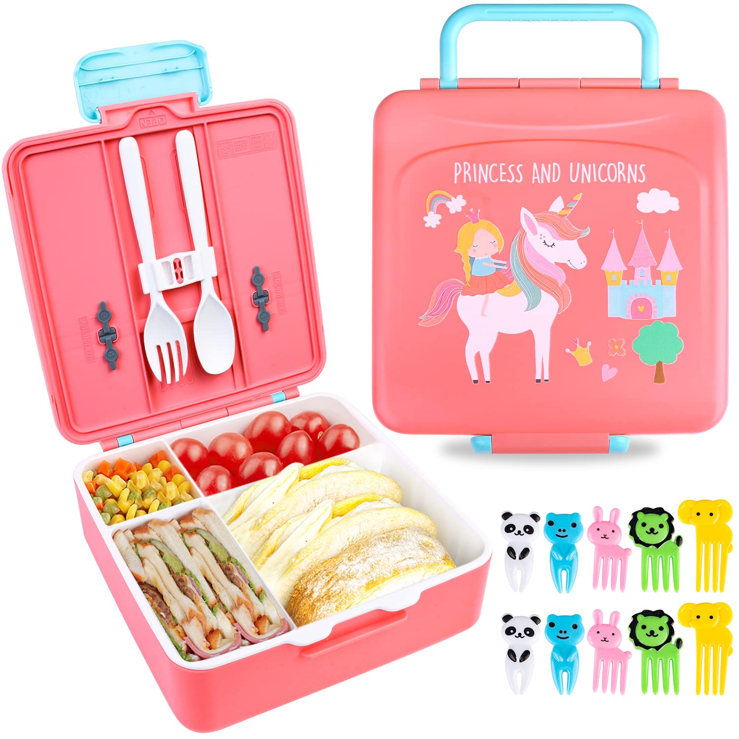 Bento Lunch Box for Kids, Unicorn Lunch Box with 4 Compartment Bento,1300ml Lunch Container with Sauce Jar/ Spoon/ Fork, Leak Proof, Microwave/ Dishwasher Safe, BPA-Free and Food-Safe Materials (Pink)