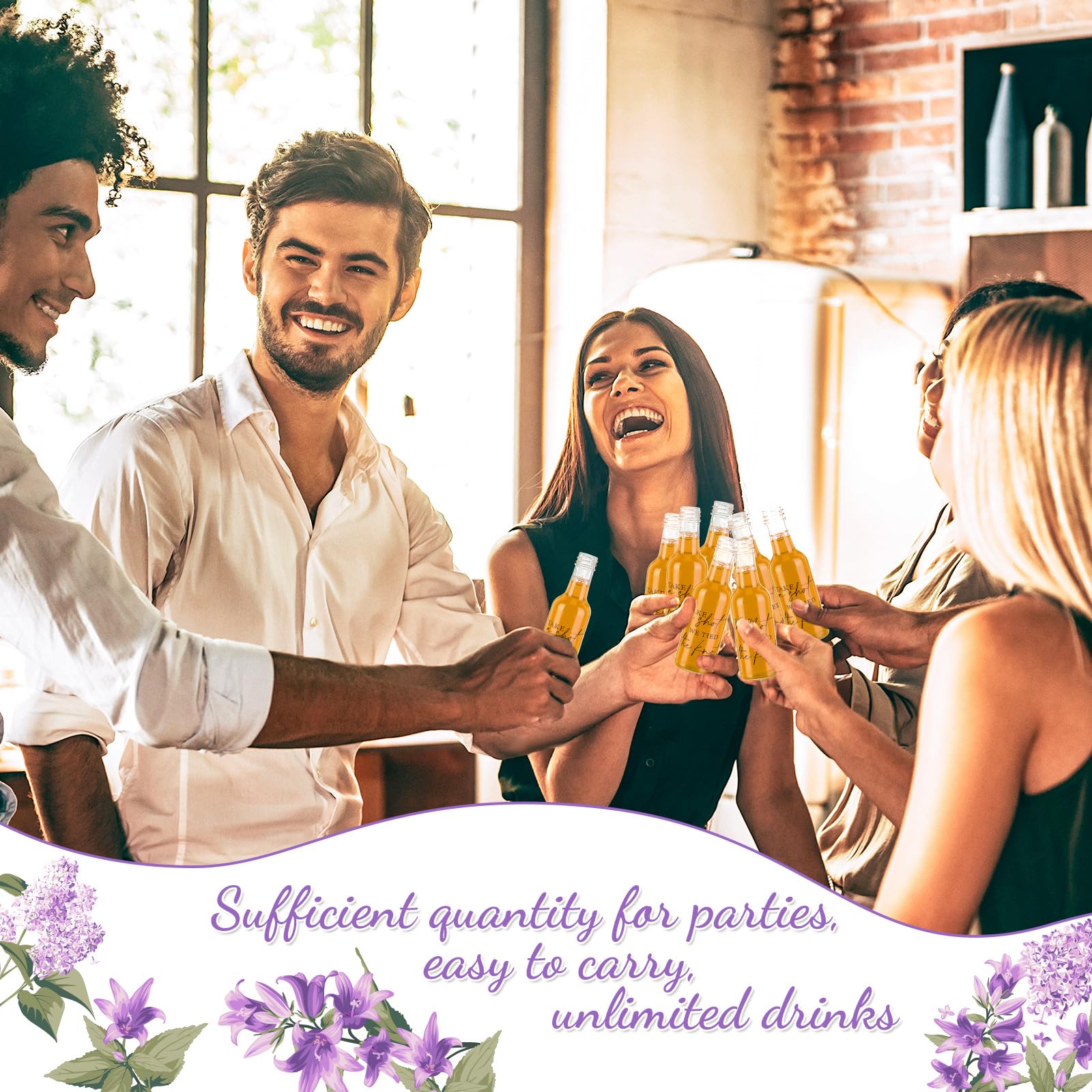 Bokon Mini Wedding Liquor Bottles Take a Shot We Tied The Knot Shot Glasses for Guests 1.7 Fl Oz/ 50 ml Plastic Reusable Empty Bottle with Cap Funnel Acrylic Shot Bottles for Bridal Party (100 Pcs)