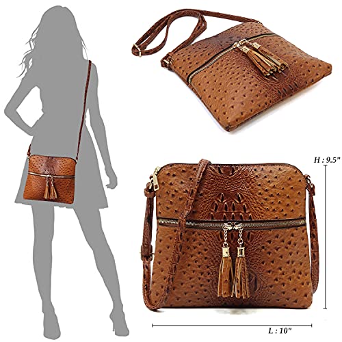 Ostrich Croc Tassel Zipper Pocket Crossbody Bag Animal Pattern Printed Shoulder Bag Womens Purse Satchel (#A-Light Brown)