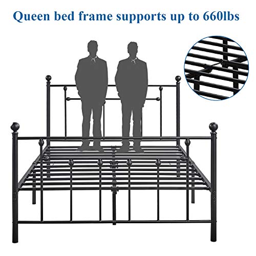 VECELO Queen Size Metal Platform Bed Frame with Headboard and Footboard, Heavy Duty Slat Support/No Box Spring Needed Mattress Foundation/Underbed Storage Space, Victorian Style, Black
