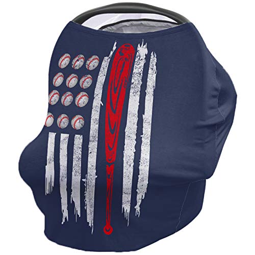 Baby Car Seat Covers American Flag, Nursing Cover Breastfeeding Scarf/Shawl, Infant Carseat Canopy, Stretchy Soft Breathable Multi-use Cover Ups, Baseball Blue White Stripe