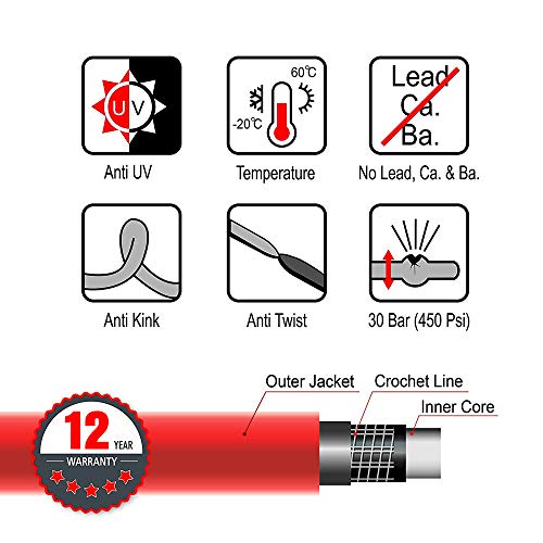 Solution4Patio Homes Garden Hose No Kink 3/4 in. x 25 ft. Red Water Hose, No Leaking, Heavy Duty, Brass Fittings 12 Year Warranty, No DOP, Environmental-Friendly