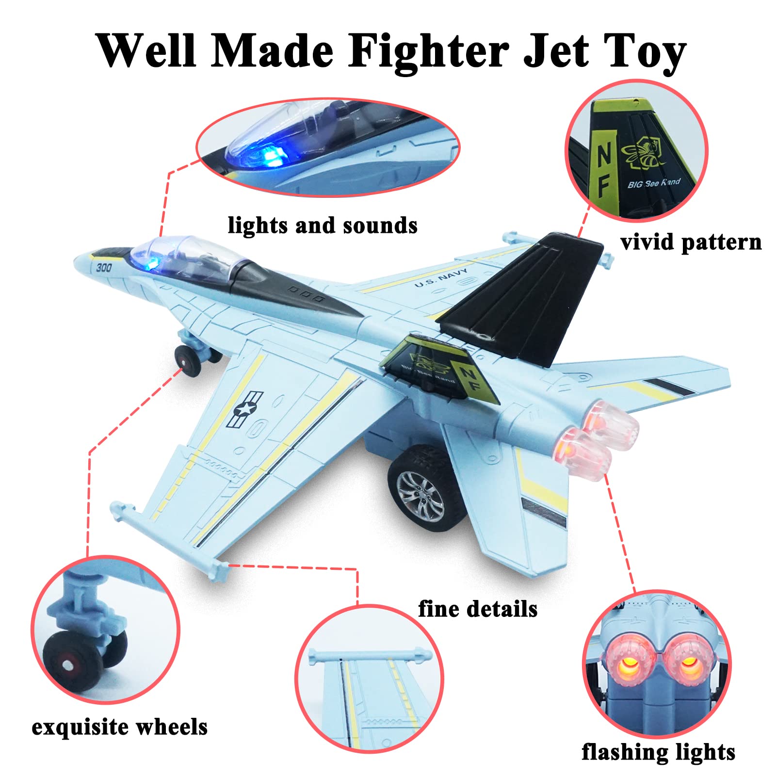 OTONOPI Fighter Jet Army Military Air Force Airplane Toy Pull Back Aircraft Die Cast Metal Model Plane Collection with Lights and Sounds for Kids Age 3+