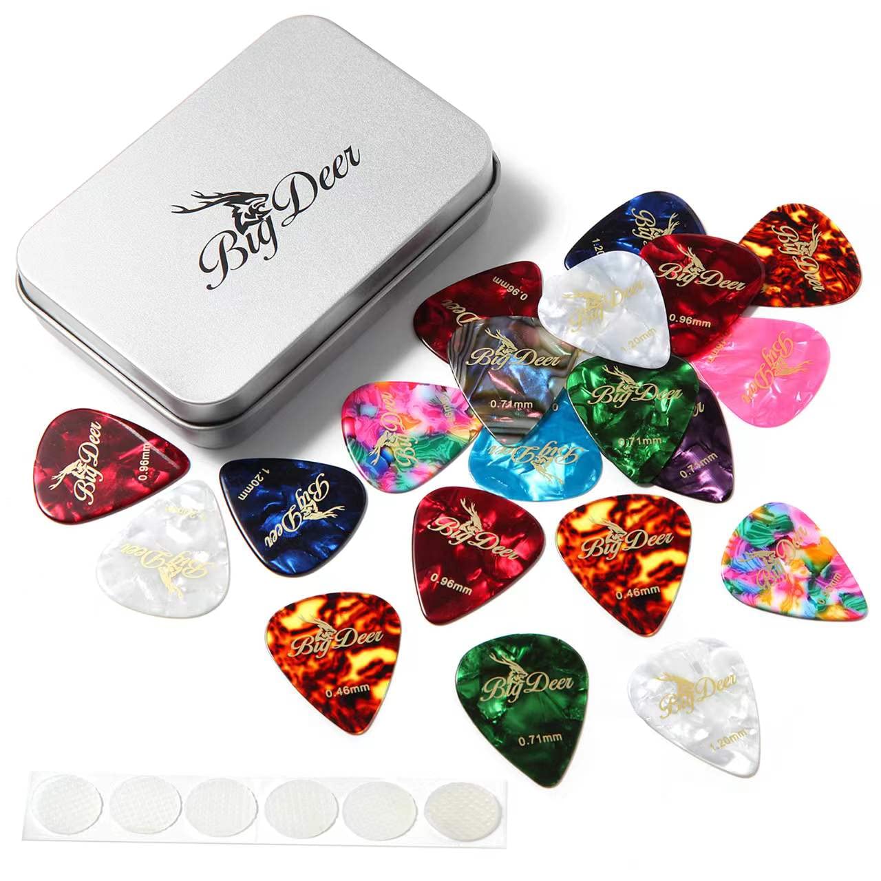 BigDeer 50 pack Celluloid Guitar Picks ,includes Thin,Medium, Heavy & Extra Heavy Picks Plectrums for Acoustic Guitar,Ukulele,Bass ,with 6 Guitar Selection Grips Silicone pad Wrapped in tin box