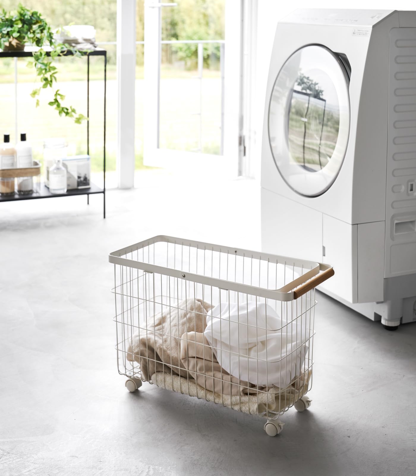 Yamazaki Home Tosca Compact Rolling Laundry Basket Cart - Metal Hamper With Wheels And Handle For Easy Mobility - Space-Saving Storage Solution, 15" - Steel + Wood - 9.2 Gallons, 35L