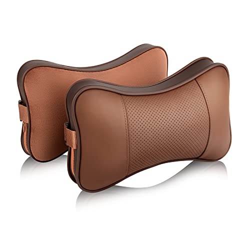 au-kee Headrest Pillow Memory Foam Cushion Leather Velvet Two Sides Cover Neck Support for Office Car Seat Coffee(Pack of 2)