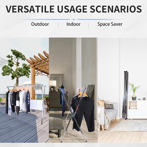 DAMGOLOZA Clothes Drying Rack, 95 Inches Portable Heavy Duty Stainless Steel Laundry Drying Rack, Foldable & Length Adjustable with 20 Windproof Hooks for Indoor Outdoor