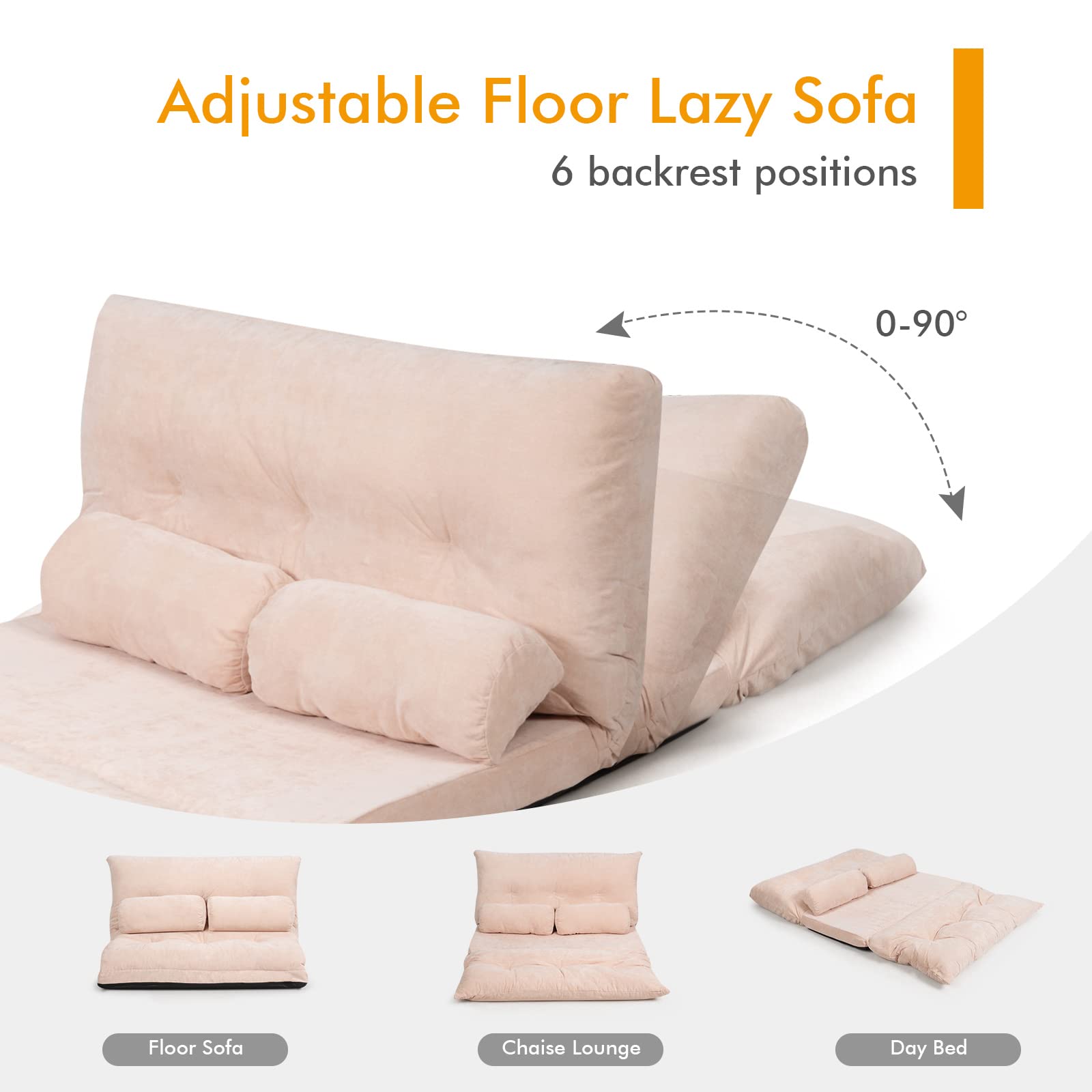 COSTWAY Convertible Floor Sofa Couch with 2 Waist Pillows, Folding 6-Position Adjustable Loveseat with Corduroy Fabric, Metal Frame, Upholstered Floor Couch Lounge for Reading Playing Gaming (Brown)