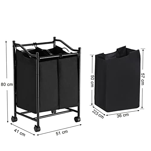SONGMICS 2 Rolling Sorter, Laundry Basket on Wheels, Hamper with Removable Bags, Total Capacity 90L, Black LSF002BK, Polyester, 50,5 x 41 x 79,9 cm (L x B x H)