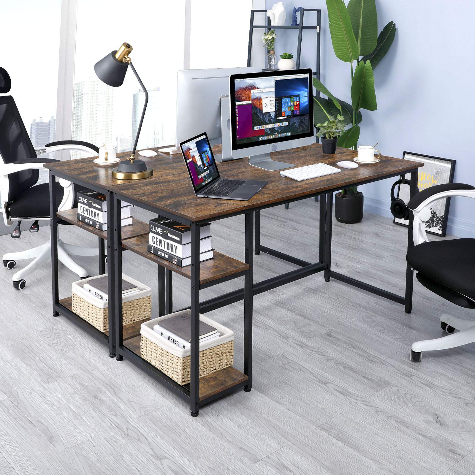AuAg Computer Desk Home Office Desk with 2 Shelves, 55 inch Writing Desk with Storage, Industrial PC Desk Laptop Study Table with Bag Hook Gaming Desk Workstation, Easy to Assemble(Rustic Brown)