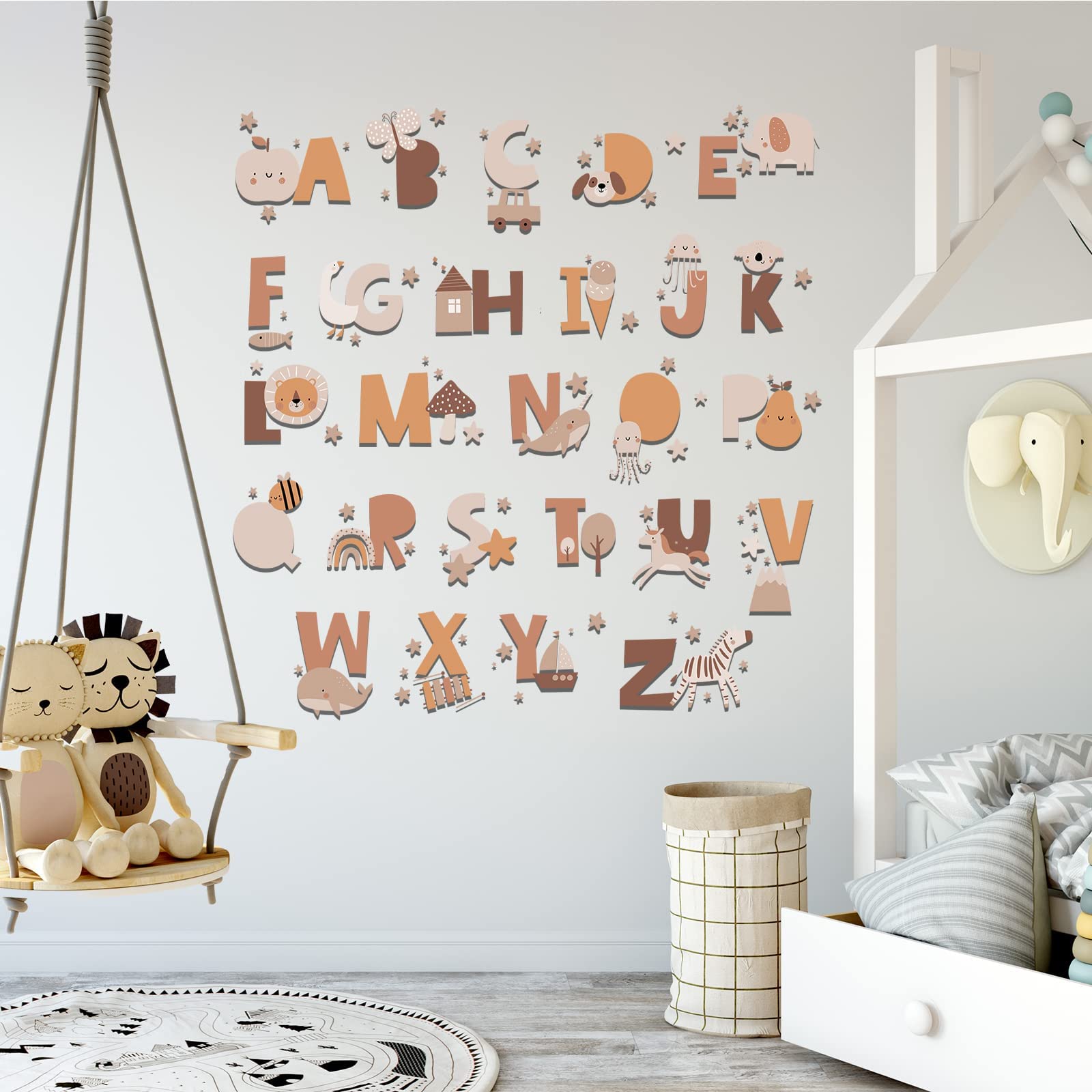 Boho Alphabet Wall Decals Removable Alphabet Letters Wall Sticker Peel and Stick Alphabet Wall Decals for Kids Nursery Bedroom Living Room Décor