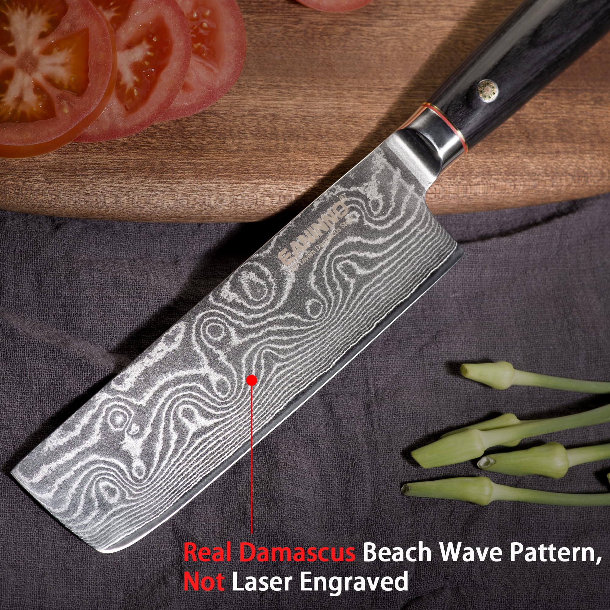 EANINNO Damascus Nakiri Knife Japanese 7 inch, Asian Japan Vegetable Cleaver Professional 67 Layer VG-10 Damascus Steel Knife, Sharp Kitchen Knifes Wooden Handle