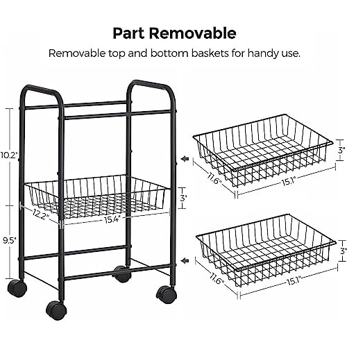 SONGMICS 3-Tier Metal Rolling Cart, Storage Cart with Removable Baskets, Utility Cart with Wheels and Handle, for Kitchen, Bathroom, Laundry Room, Black, UBSC03BK