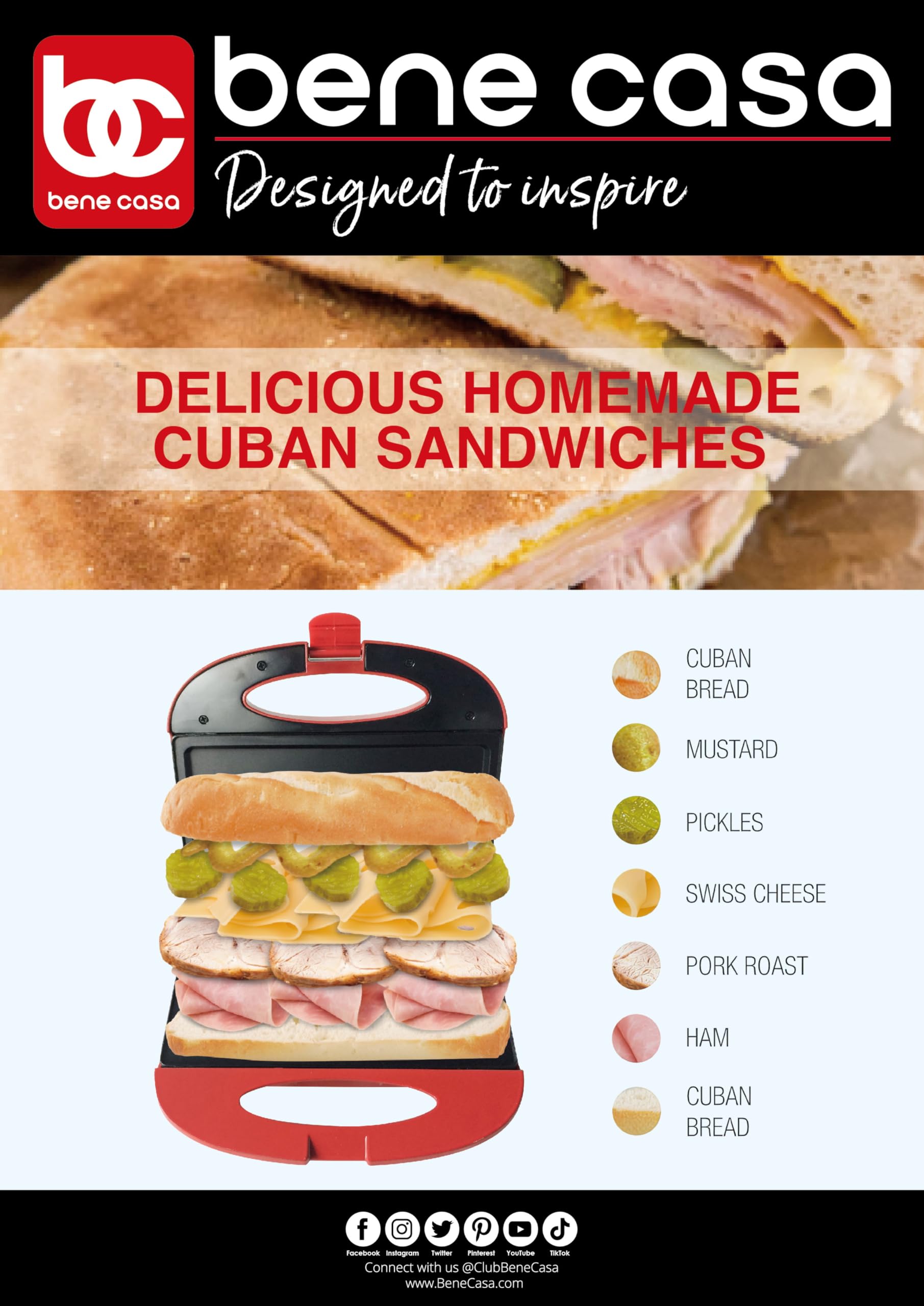 Bene Casa - Red Nonstick Flat Grill Sandwich Maker - Includes Cool-touch Handles and Die Cast Aluminum Cooking Surface