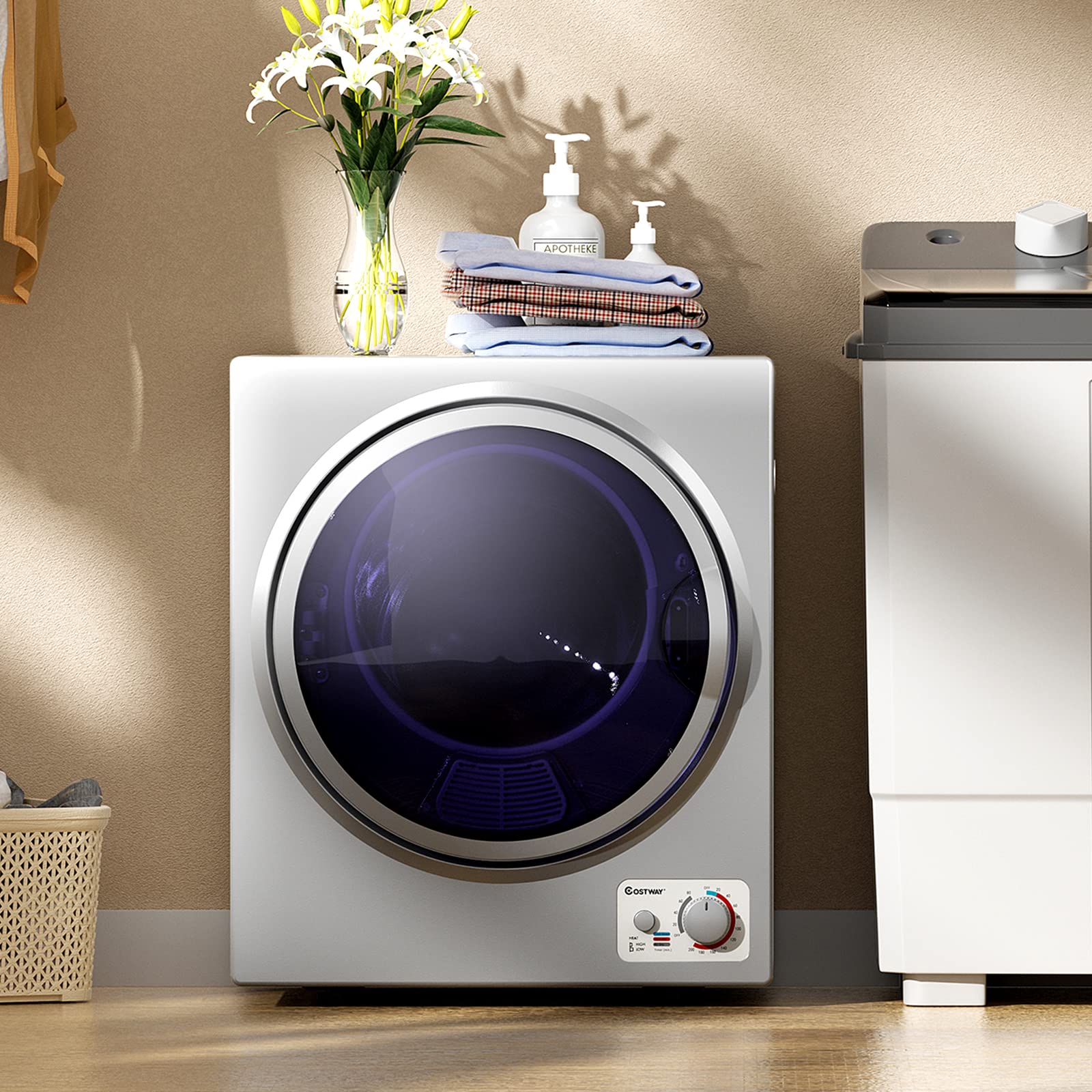 COSTWAY GT-10222US-SL-FPCY, 110V Electric Portable Clothes Stainless Steel Tub, Panel Downside Easy Control for 4 Automatic Drying Mode Compact Laundry Dryer, Silver