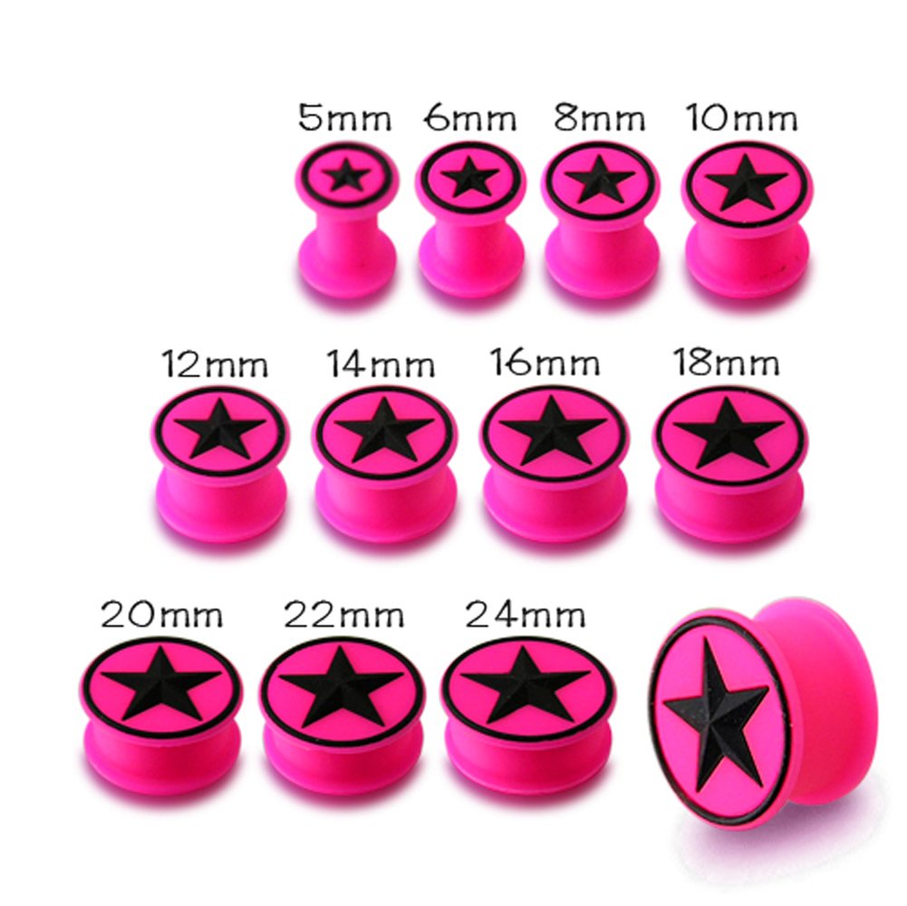 AtoZ Piercing 3/4 Inch - 20MM Embossed Black Star in Circle on Pink Soft And Flexible Silicone Double Flared Ear Plug - Sold by Piece